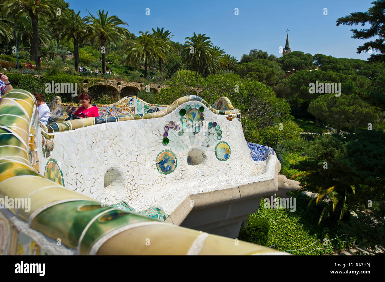 Ceramic benches designed by Antoni Gaudi at the Park Güell, Barcelona ...