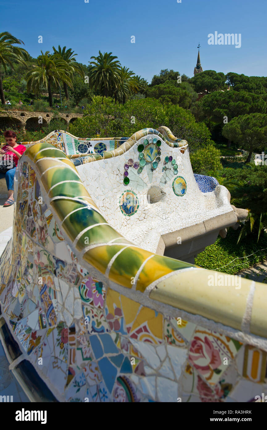 Ceramic benches designed by Antoni Gaudi at the Park Güell, Barcelona ...