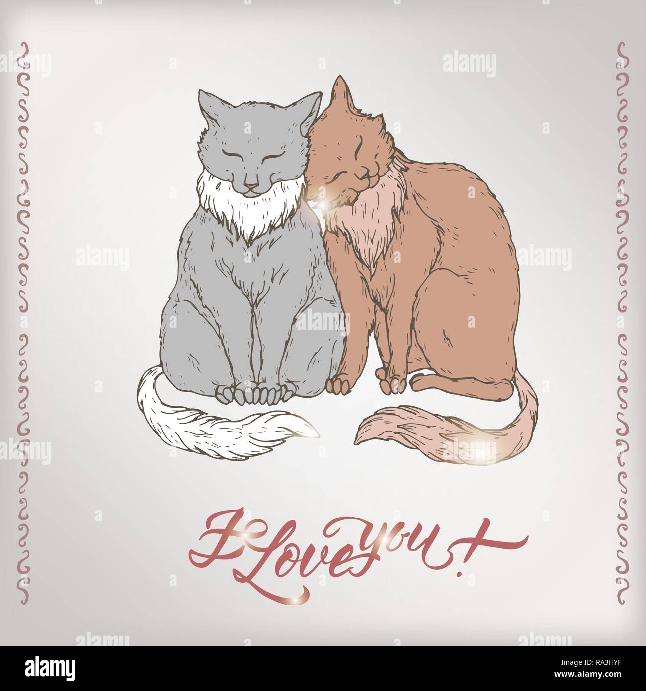 Valentine color romantic card with two cats and brush lettering saing I ...