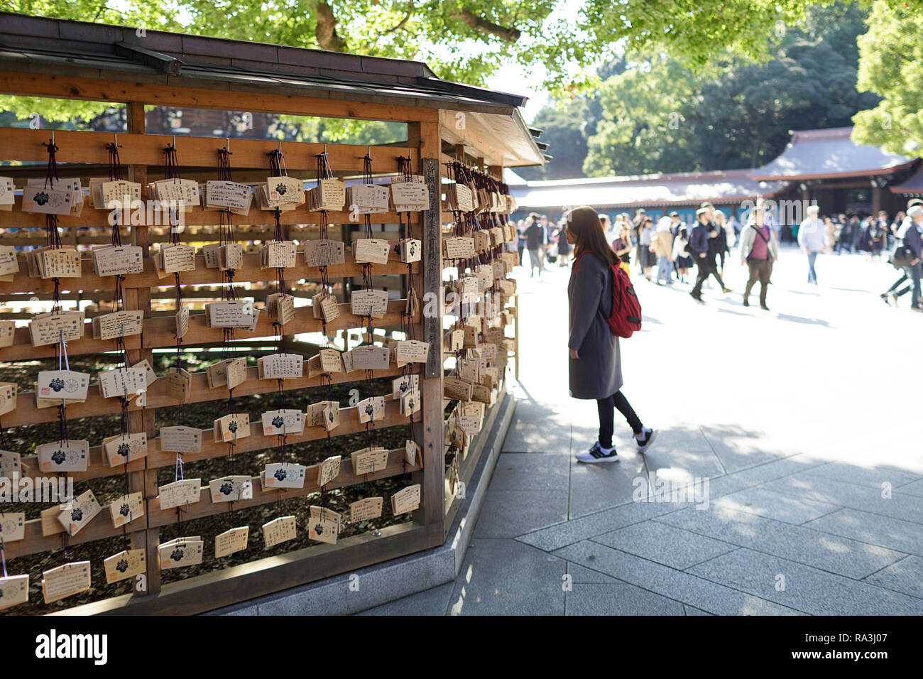 Wooden ema wish plaques at Meiji Jingu Shrine, Tokyo, Japan Stock Photo ...