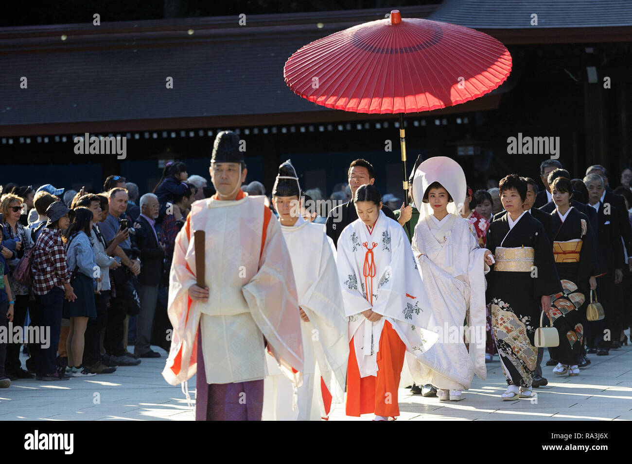 Shinto wedding procession with bride wearing the traditional watabōshi ...