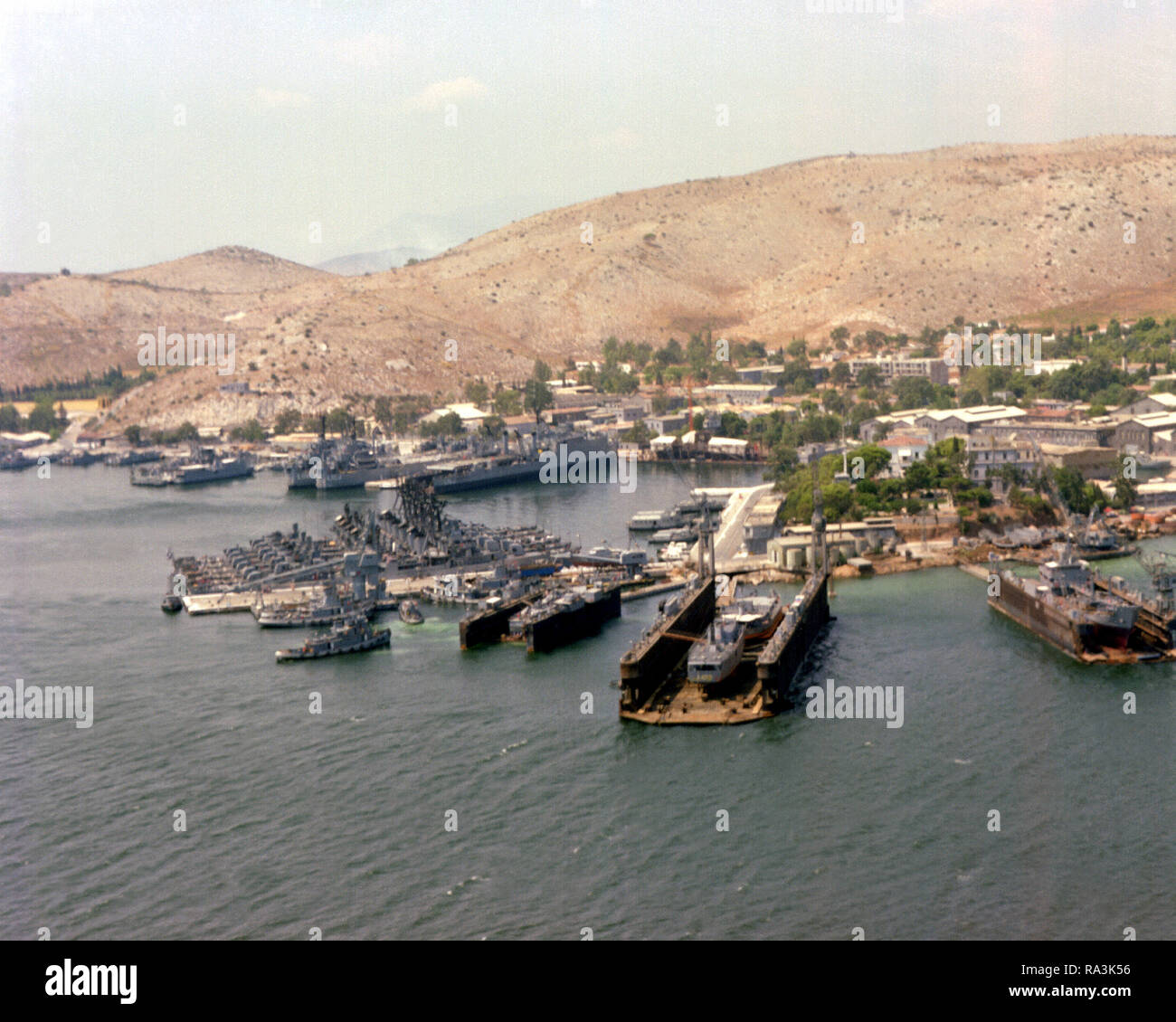 1979 - An aerial view of ships in the harbor, Athens Greece base Stock ...