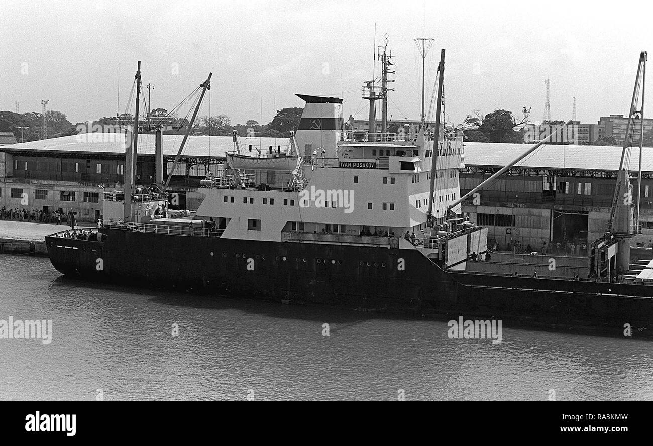 1979 - A starboard beam view of the Soviet cargo ship Ivan Rusakov in ...