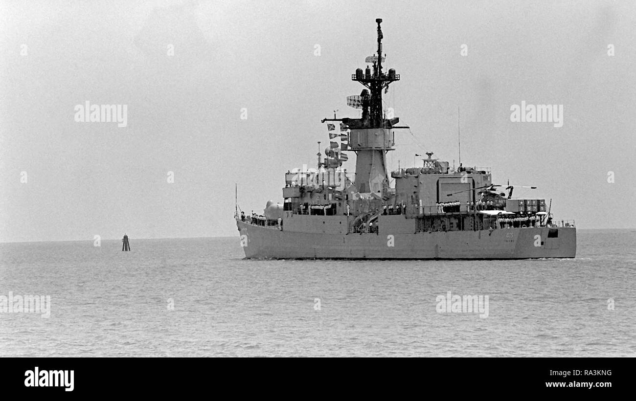 1979 - A port quarter view of the frigate USS TRIPPE (FF-1075) as the ...