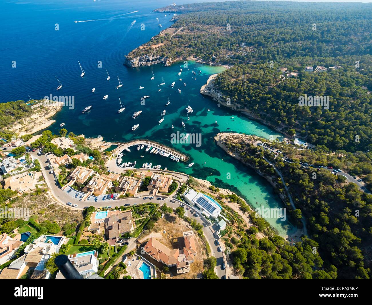 Aerial view, villas and yachts at Portals Vells, Majorca, Balearic ...
