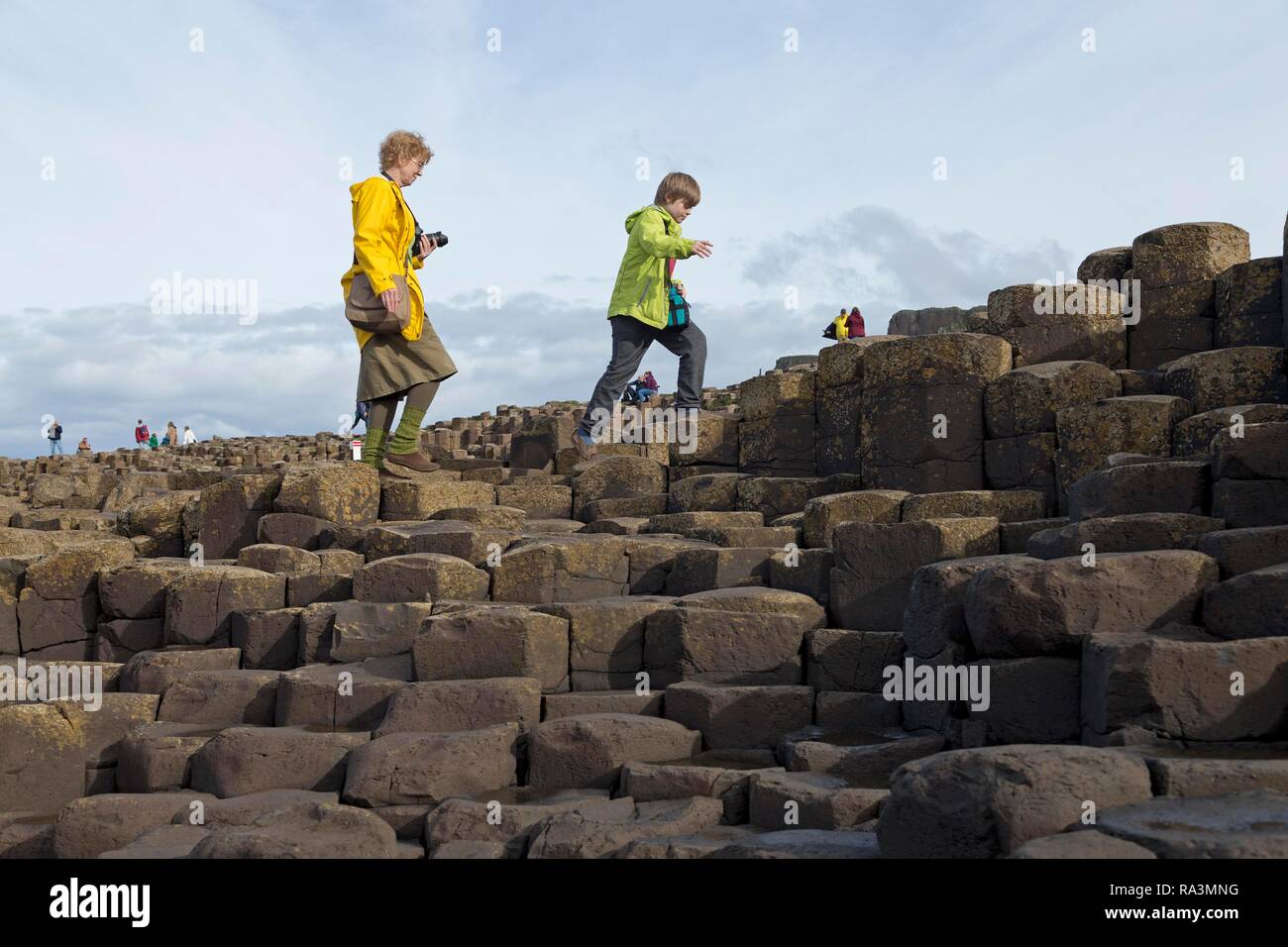 Tourists walk on the basalt columns, Giant's Causeway, Causeway Coast ...