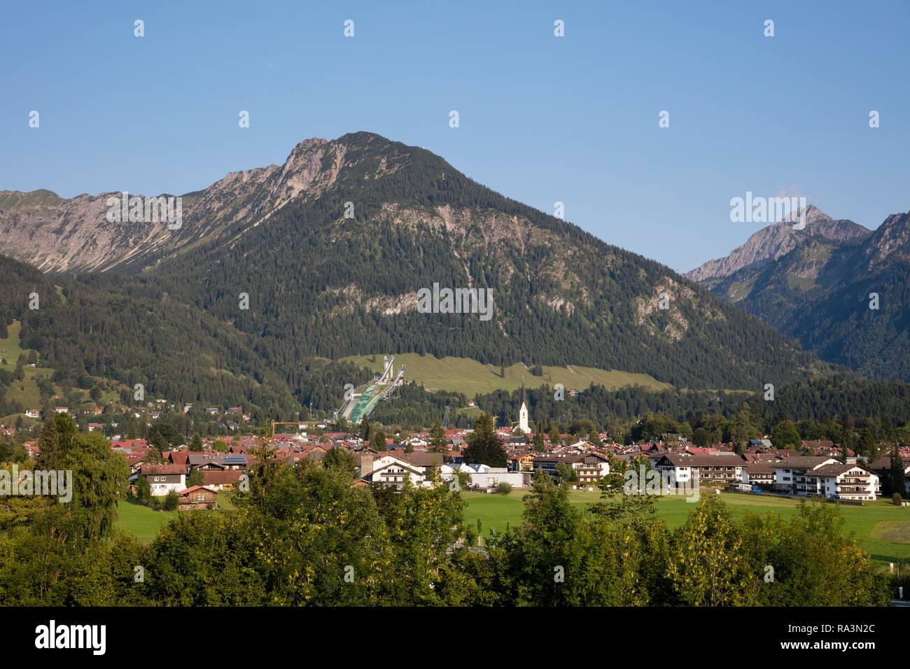 Town view, behind ski jump, Oberstdorf, Allgäuer Alps, Allgäu, Bavaria ...