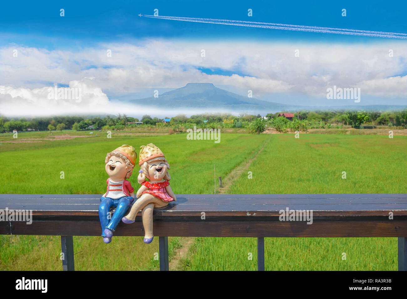 Abstract soft focus the boy and girl cartoons dolly on wooden seat with ...