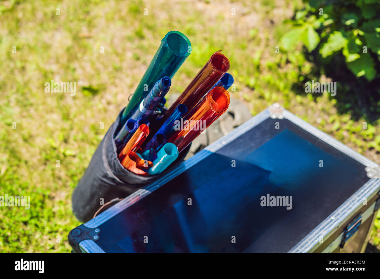 Colored gels for light sources on cinema production set Stock Photo - Alamy