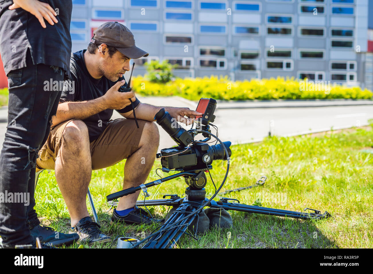 Shooting process on cinema stage - commercial production set, exterior ...