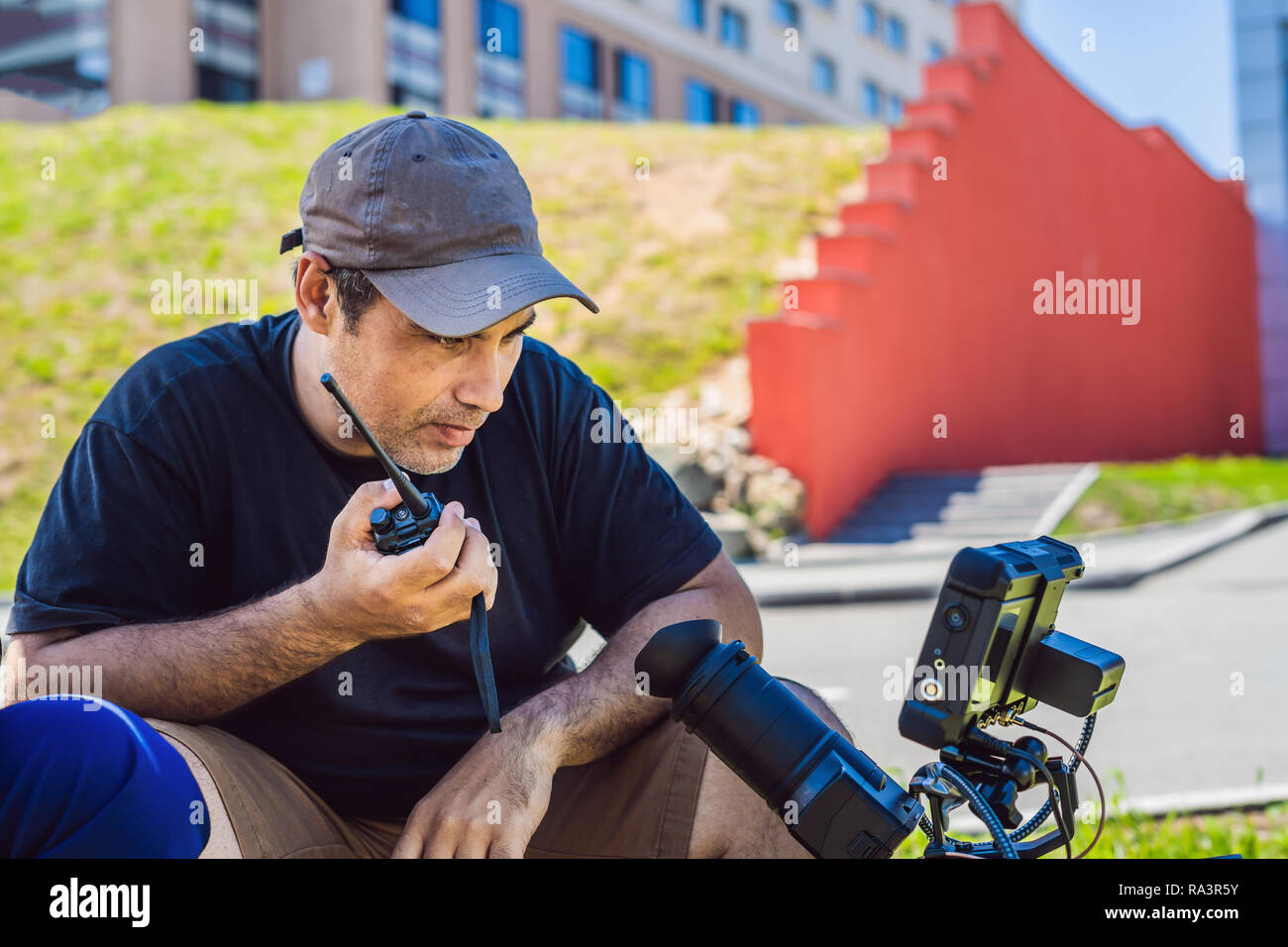 Shooting process on cinema stage - commercial production set, exterior ...