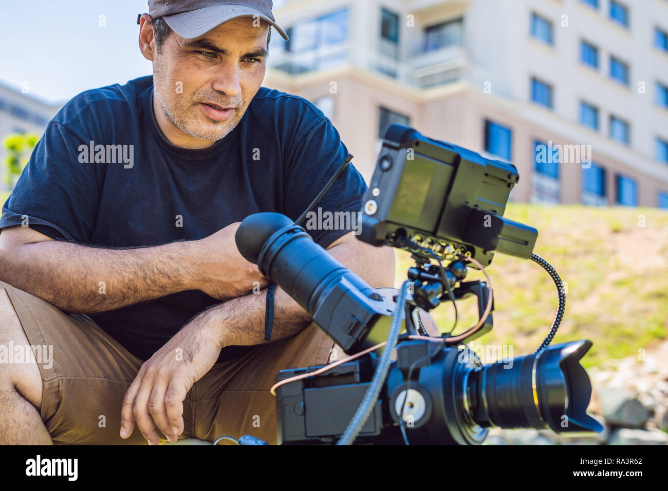 Shooting process on cinema stage - commercial production set, exterior ...