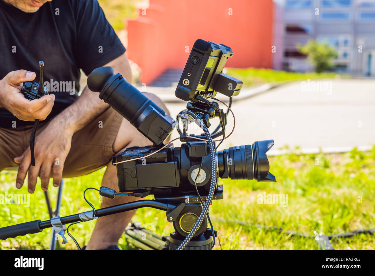 Shooting process on cinema stage - commercial production set, exterior ...