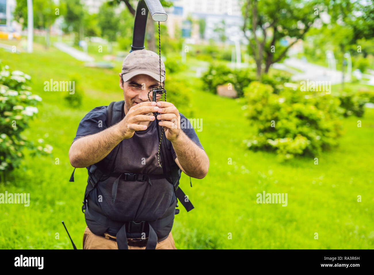 Cameraman setting up heavy duty professional 3-axis gimbal stabilizer ... Cameraman setting up heavy duty professional 3-axis gimbal stabilizer ...