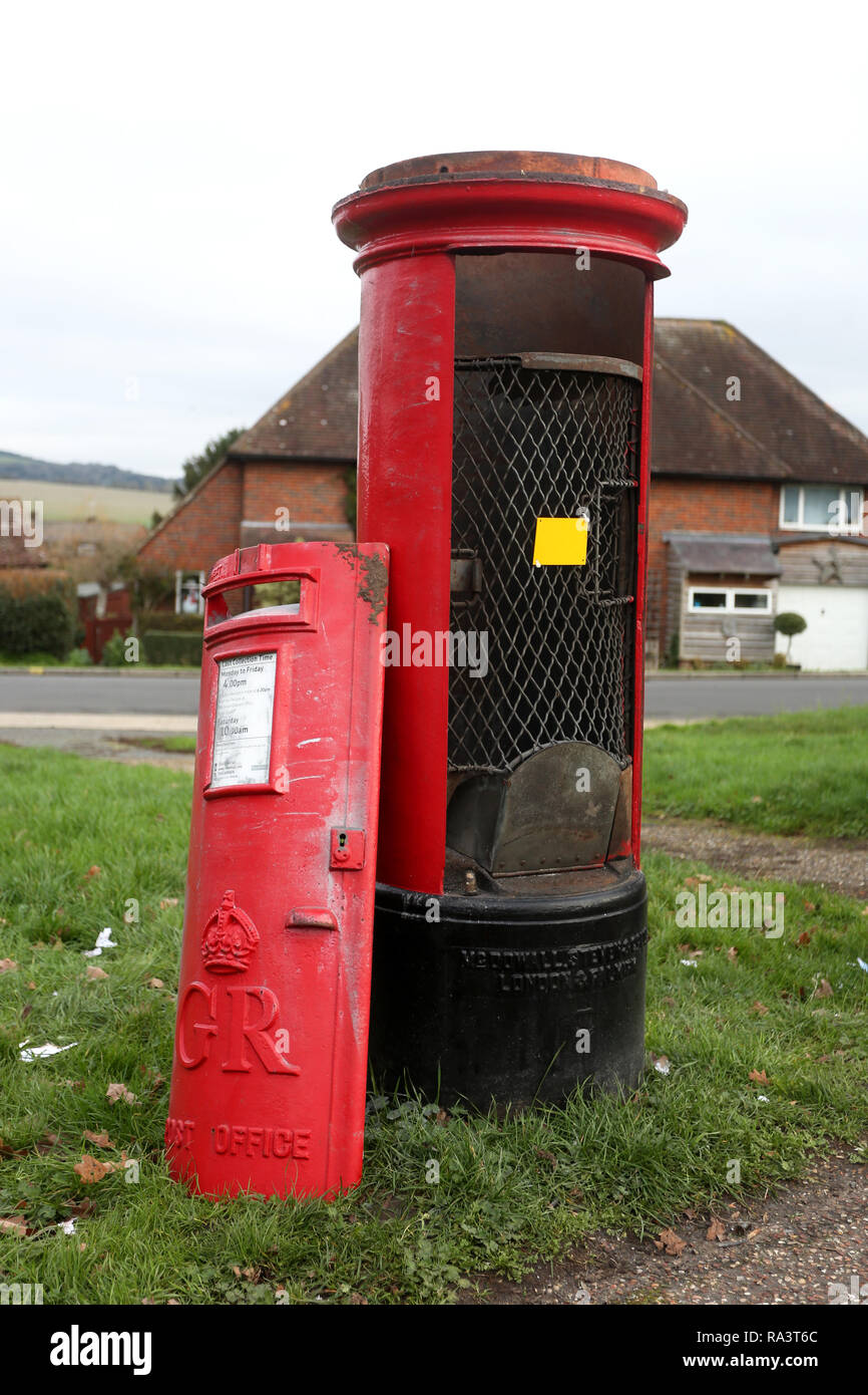 General views of post boxes that have been blown up in West Sussex, UK ...