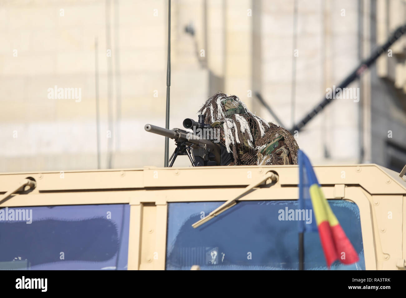 Bucharest, Romania - December 1, 2018: Romanian army sniper, armed with ...
