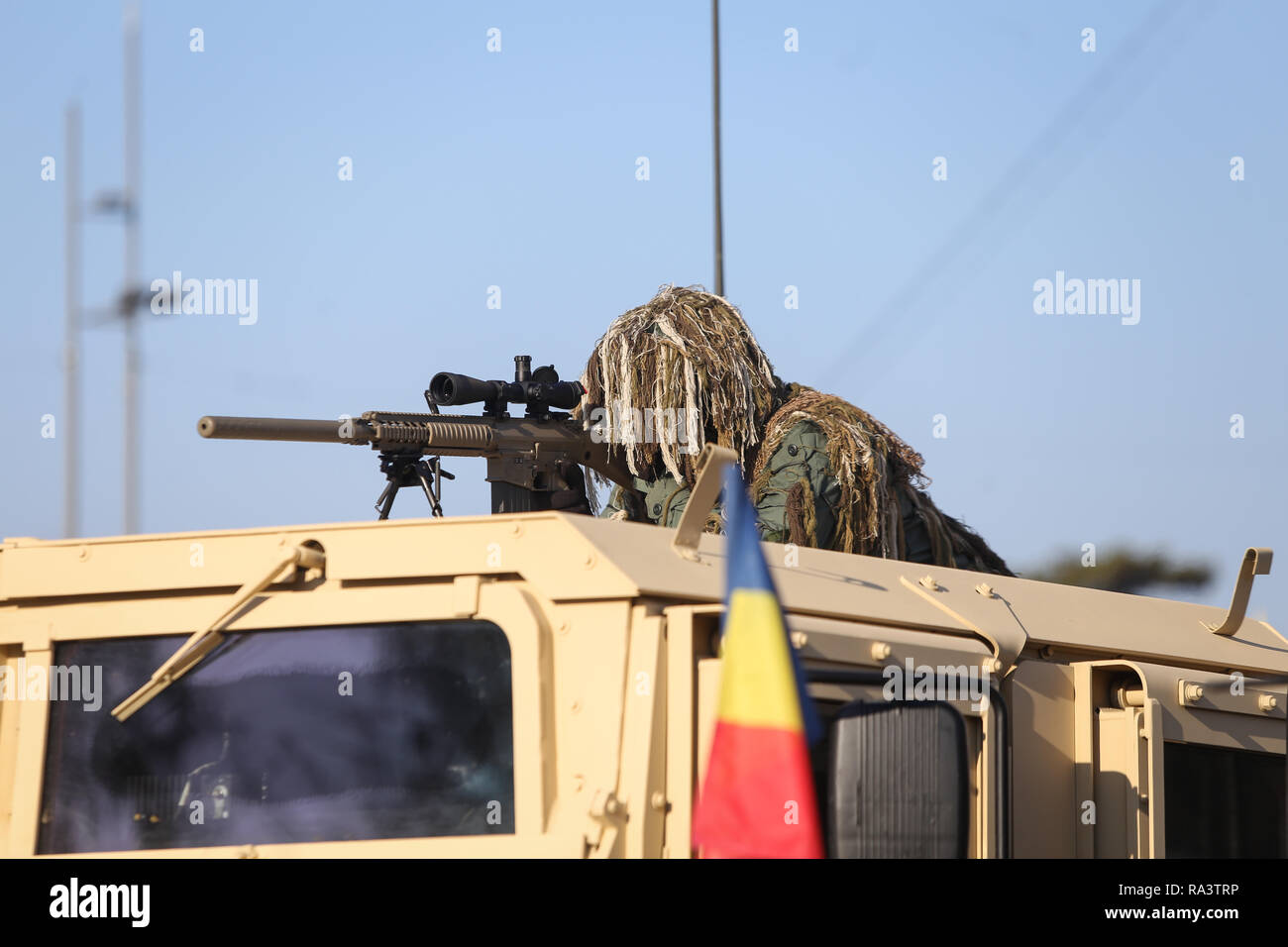 Bucharest, Romania - December 1, 2018: Romanian army sniper, armed with ...