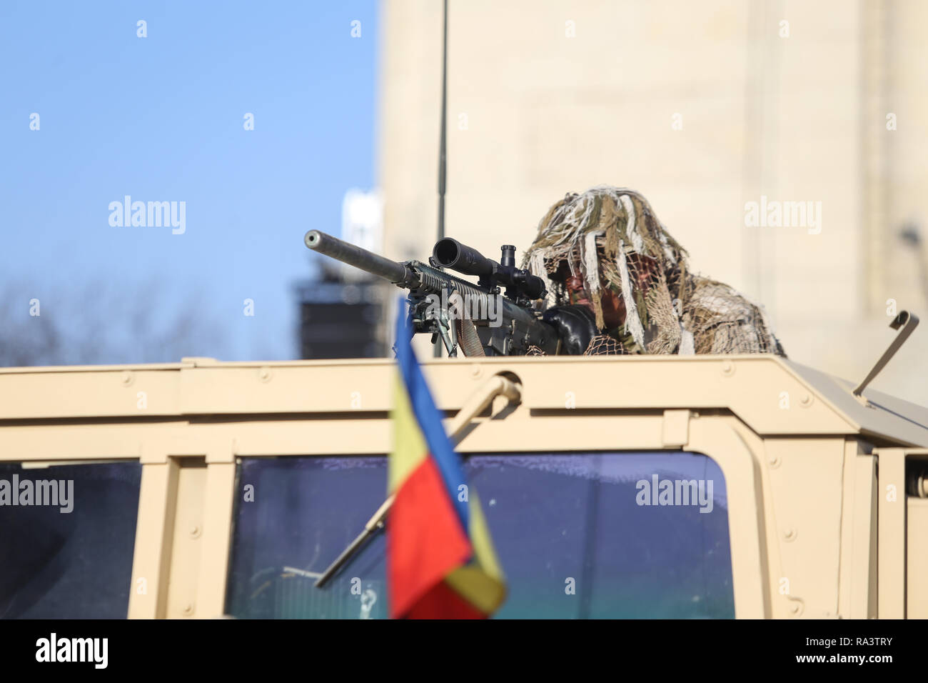 Bucharest, Romania - December 1, 2018: Romanian army sniper, armed with ...