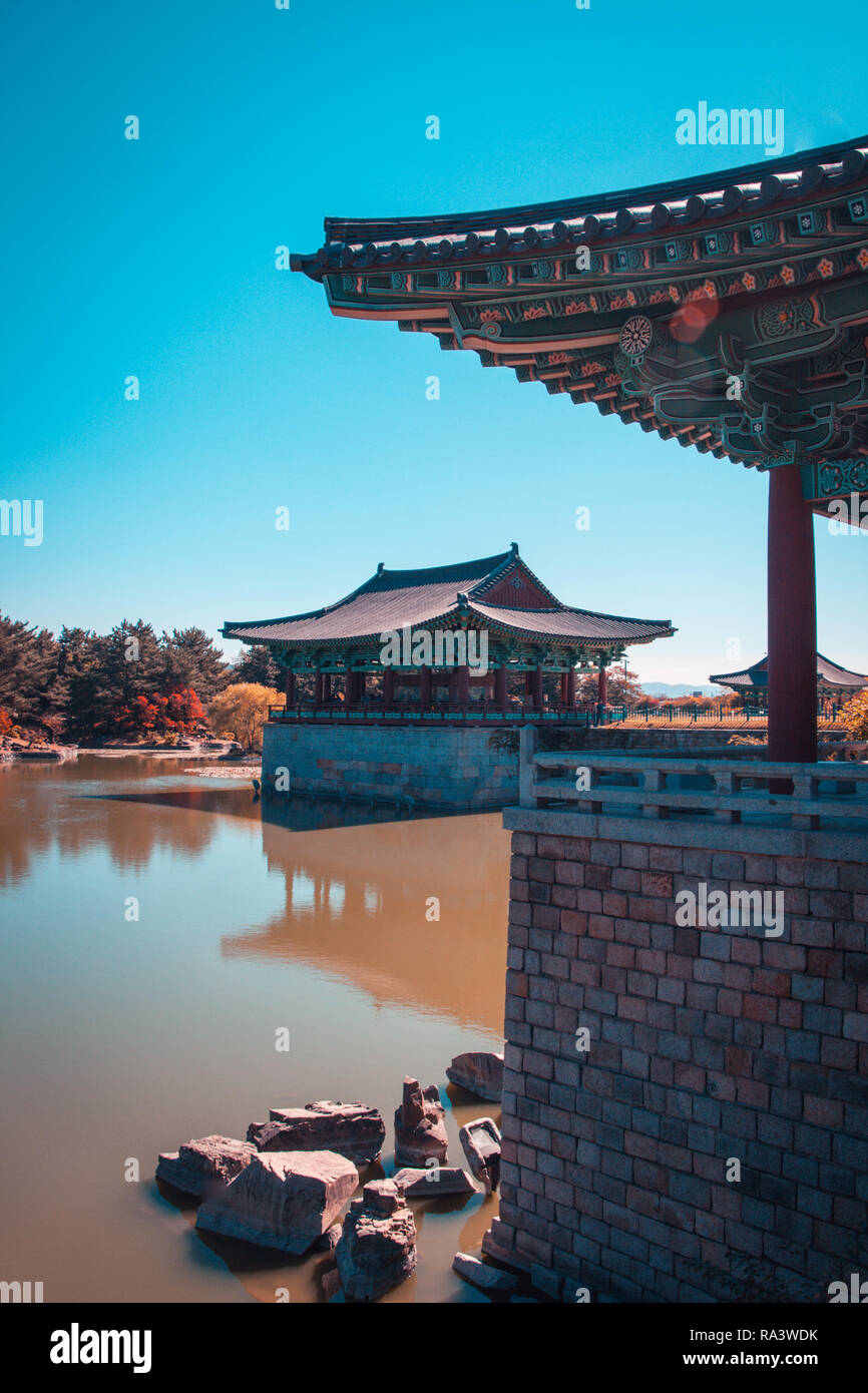 The pavilions of Anapji Pond reflected in the water in Gyeongju, South ...