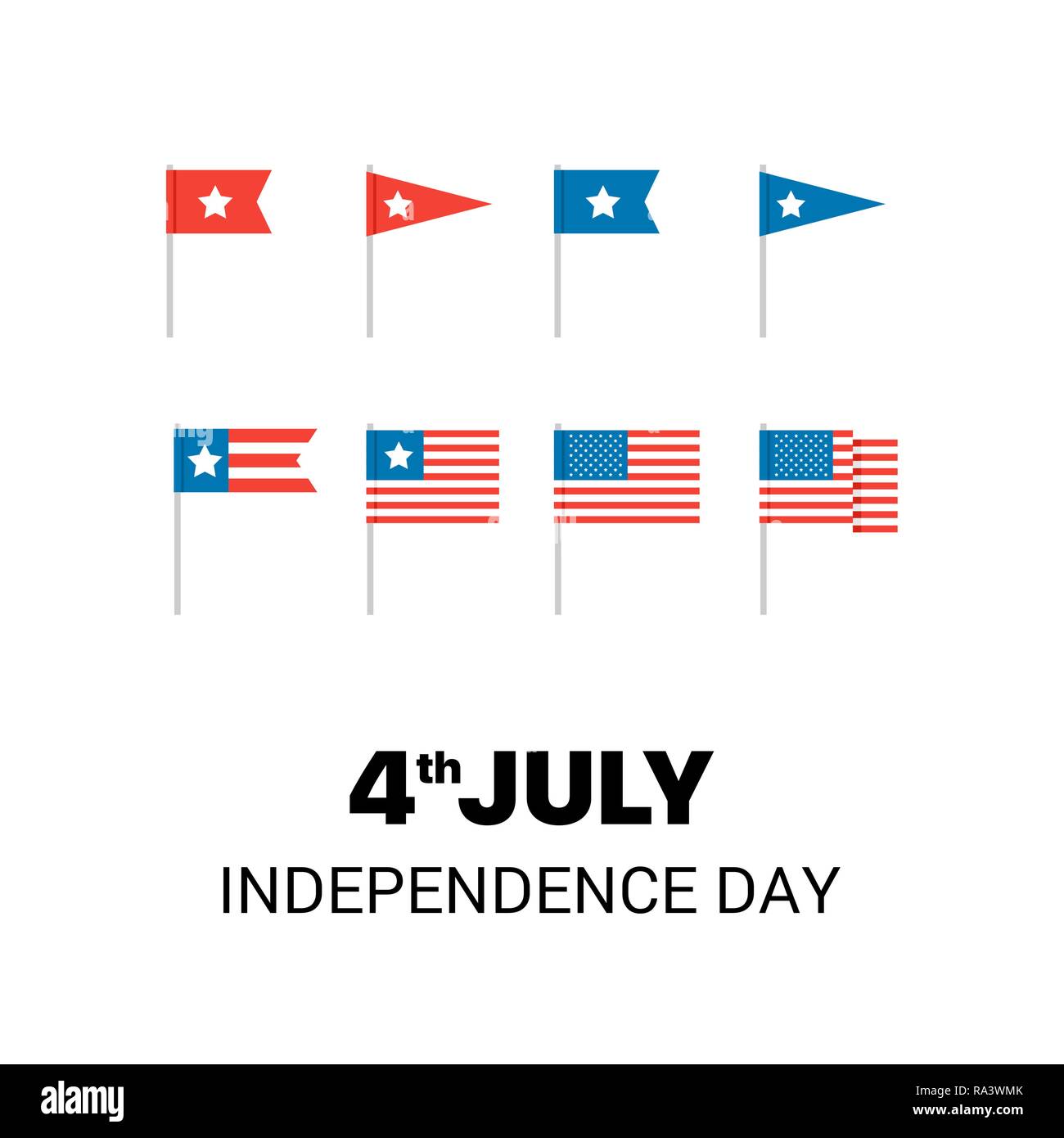 Many American Flags on 4th of July the Independence Day. Flat vector ...