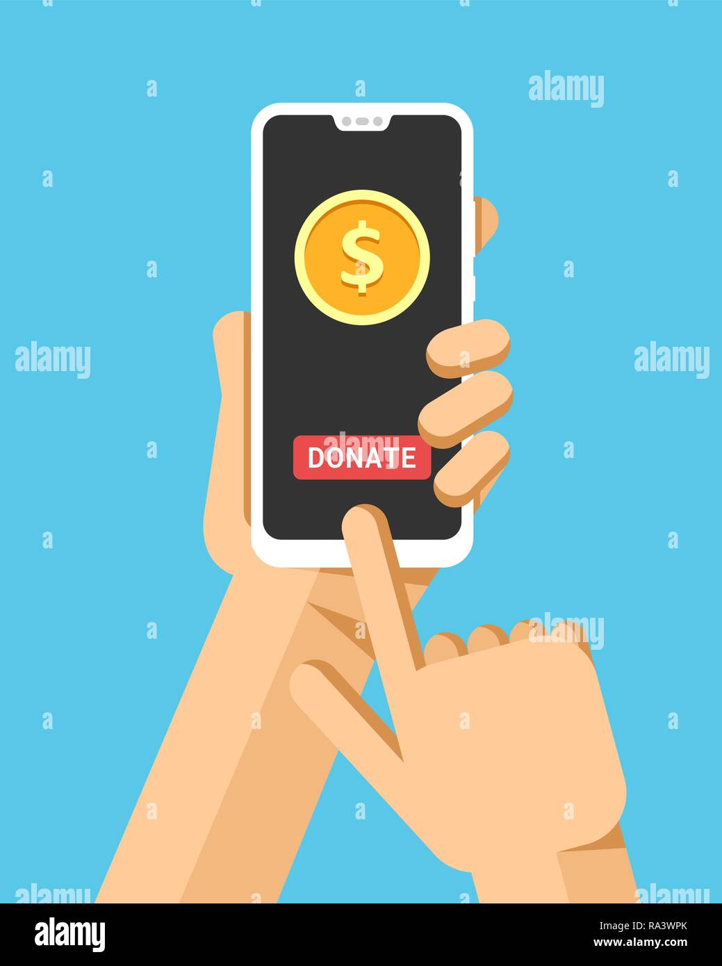 Hand holds the smartphone. Donate money online operation. Flat vector ...