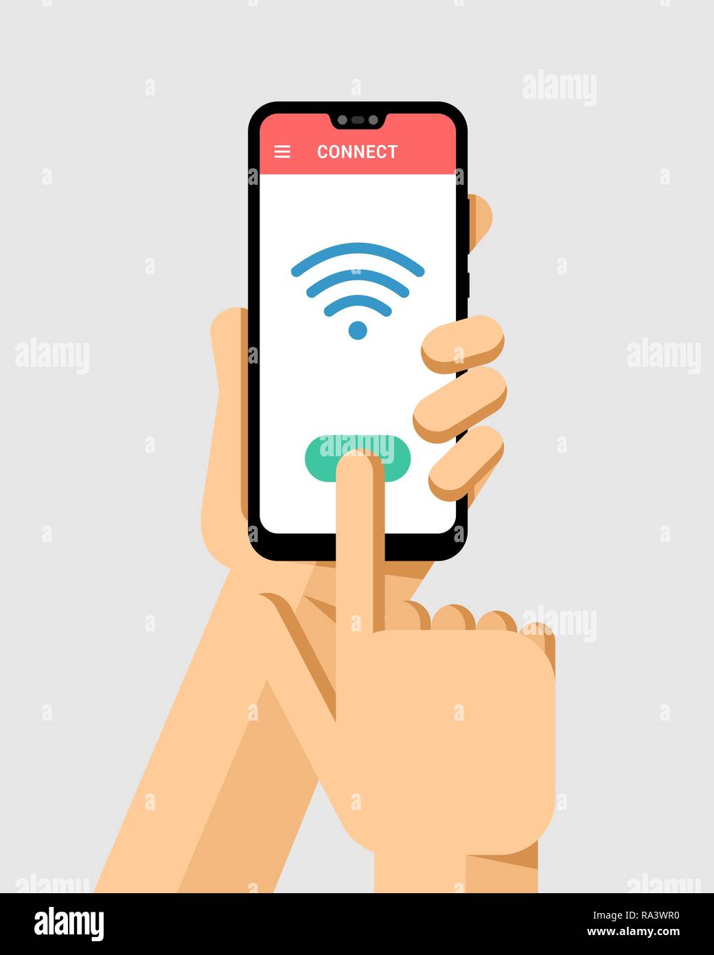 Hand holds the smartphone and connects to the wifi internet network ...