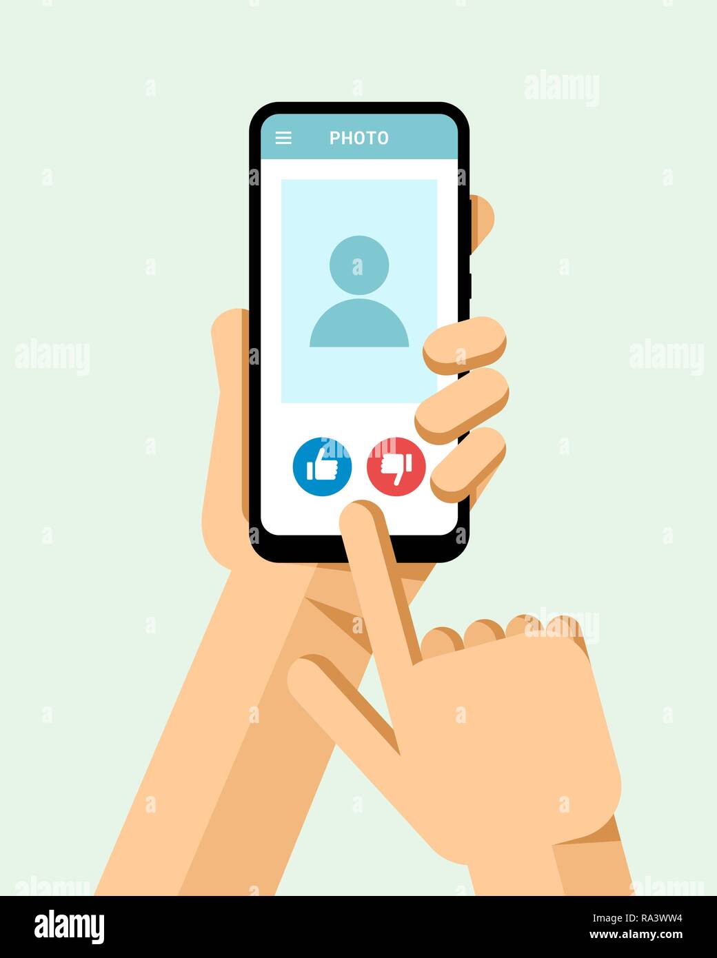 Hand holds the smartphone with like and dislike buttons under the photo ...