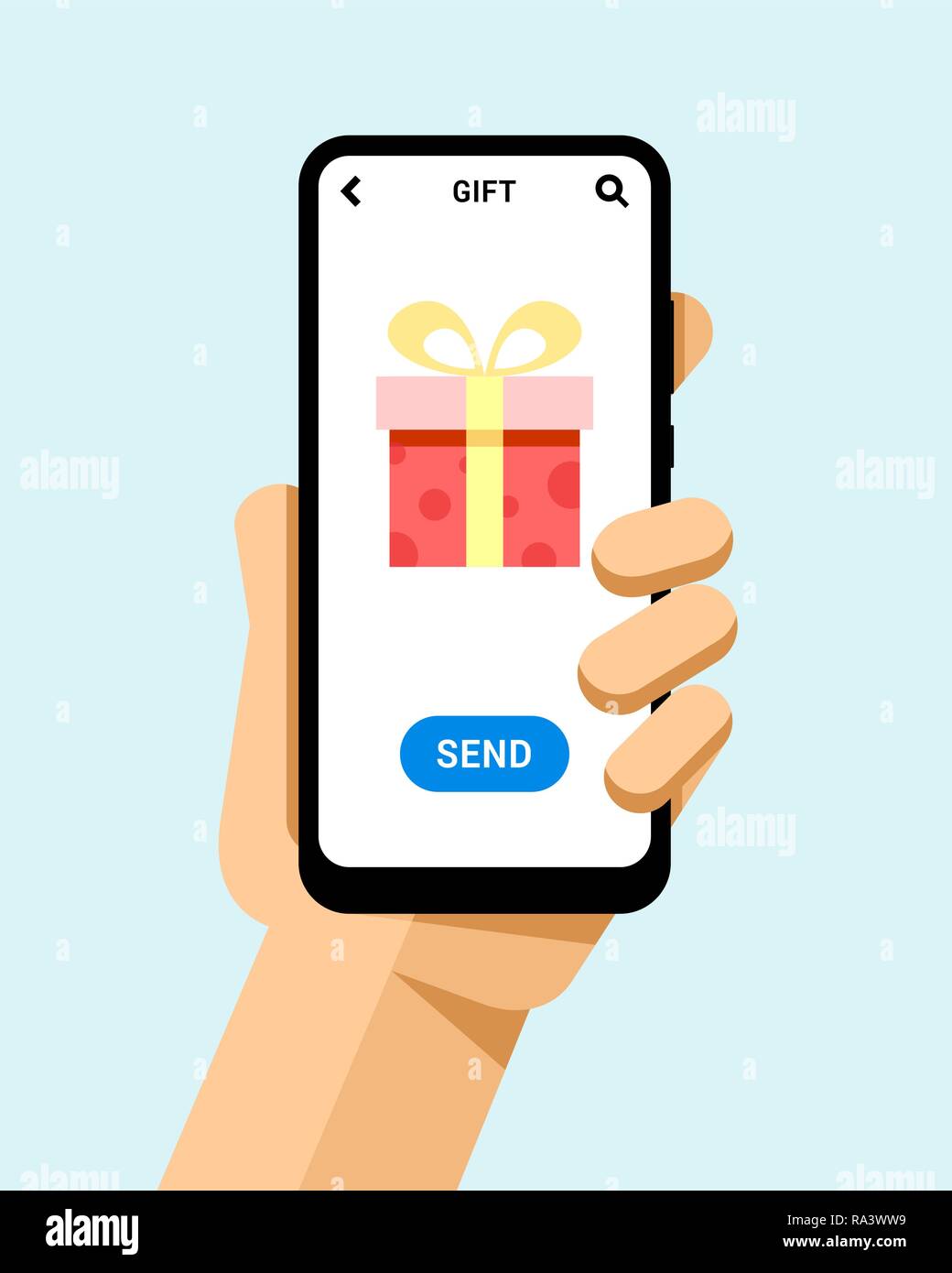 Hand holds the smartphone with birthday gift box on the screen. Flat ...