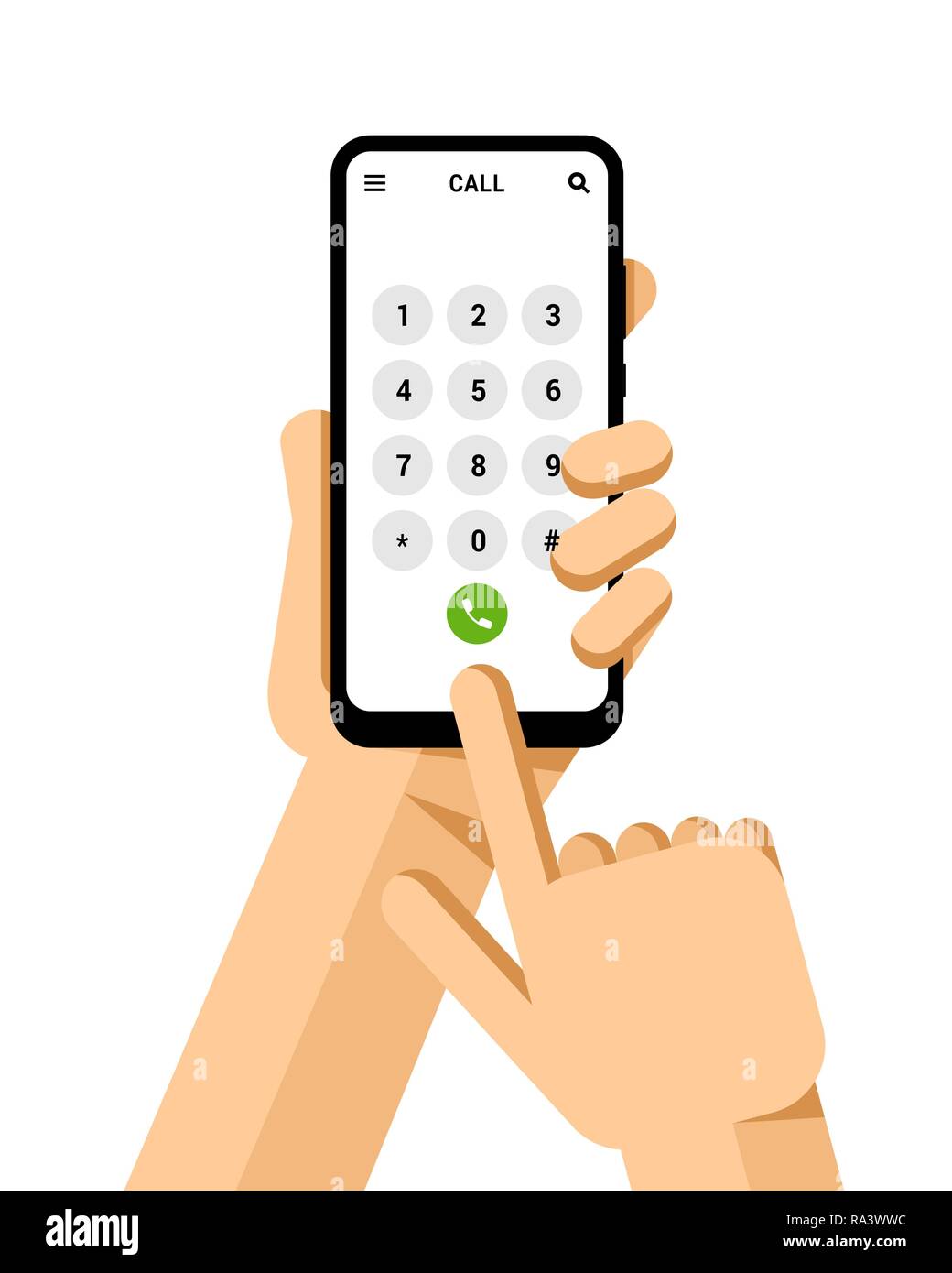 Hand holds the smartphone with keyboard on the screen. Flat vector ...