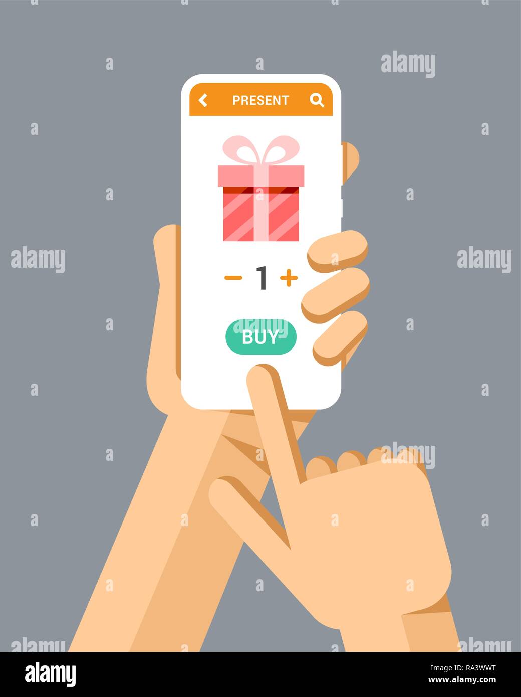 Hand holds the smartphone with present in the online store. Flat vector ...