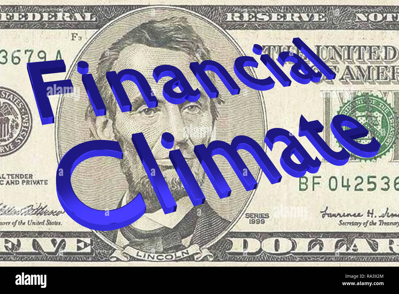 3D illustration of Financial Climate title on Five Dollars bill as a ...