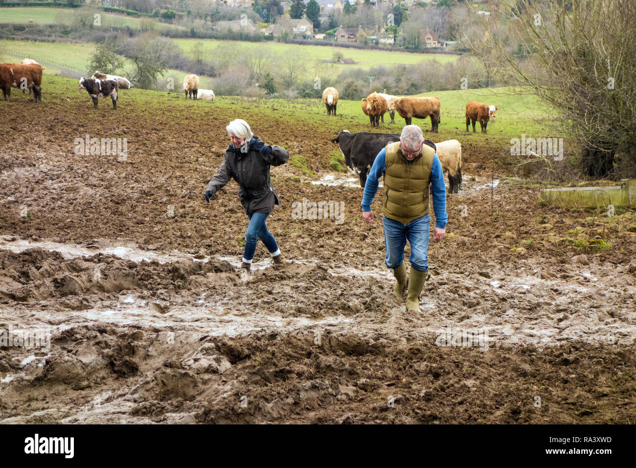 Man and woman walking through mud wearing wellingtons up a wet and ...