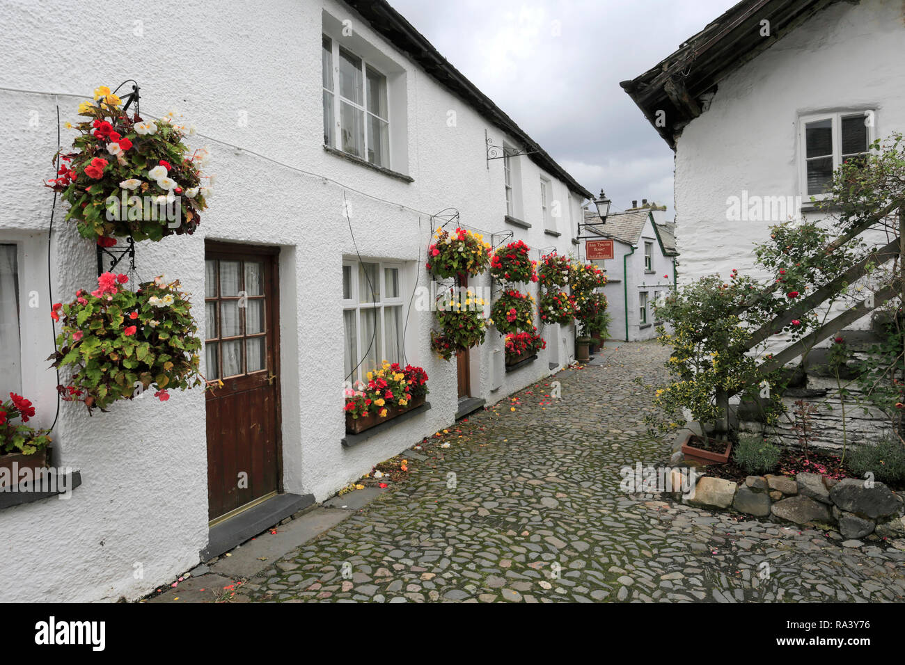 Whitewashed walled cottages in Hawkshead village, Lake District ...