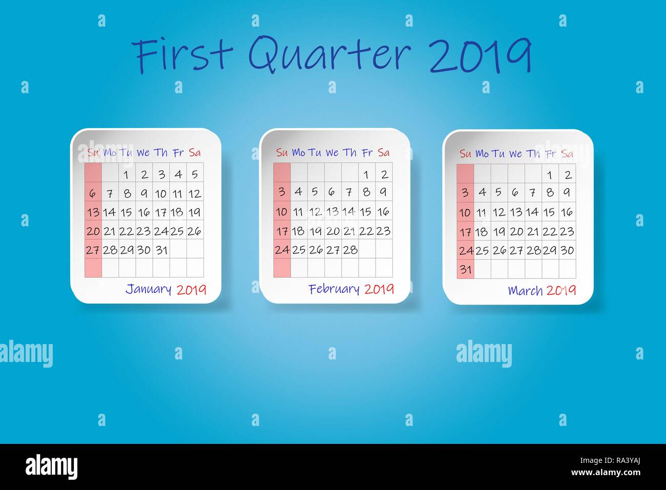 Calendar for first quarter of 2019 year. Week start Sunday. All on the ...