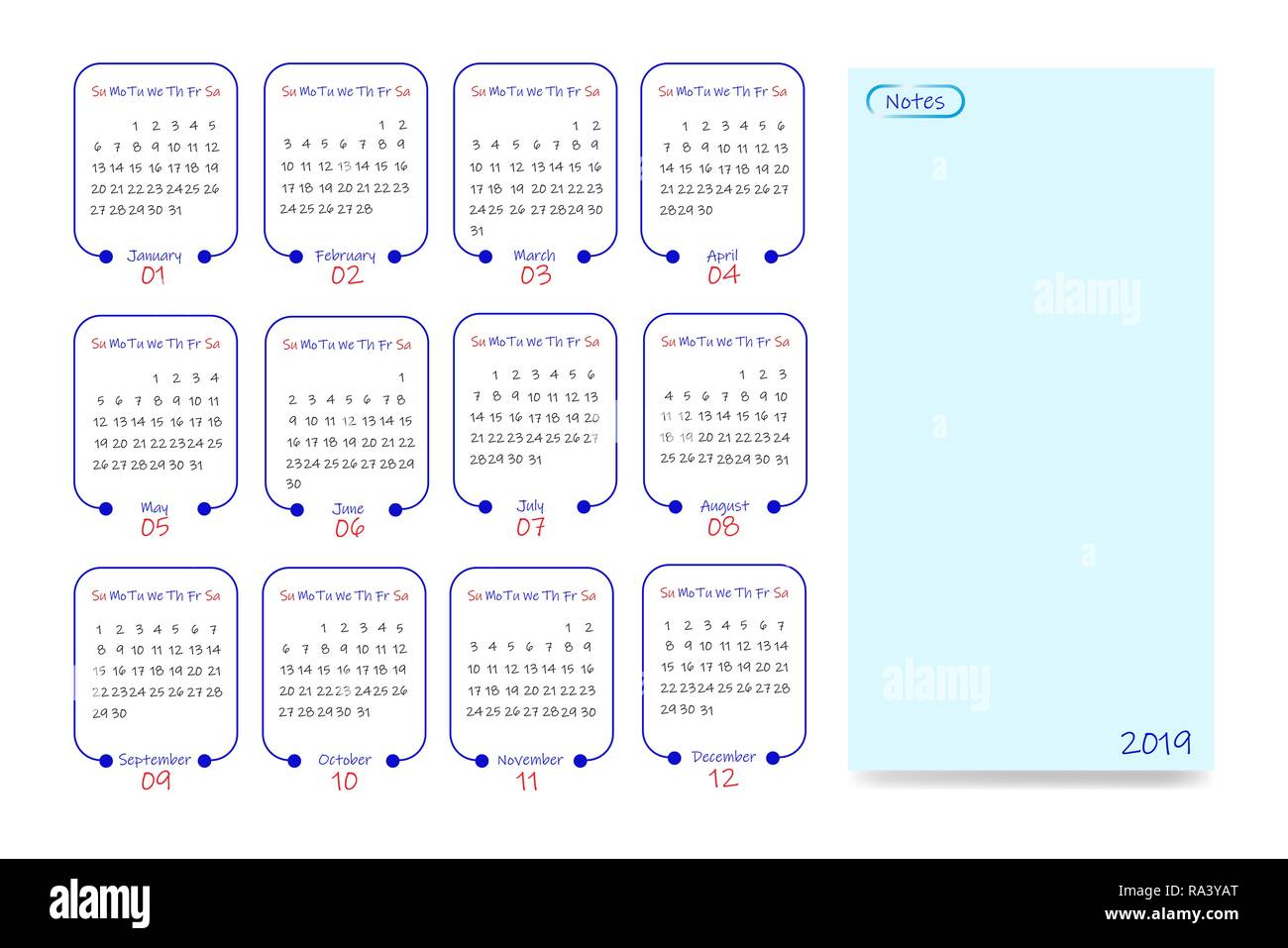 2019 year calendar, week start Sunday. Twelve sheets with a with a ...