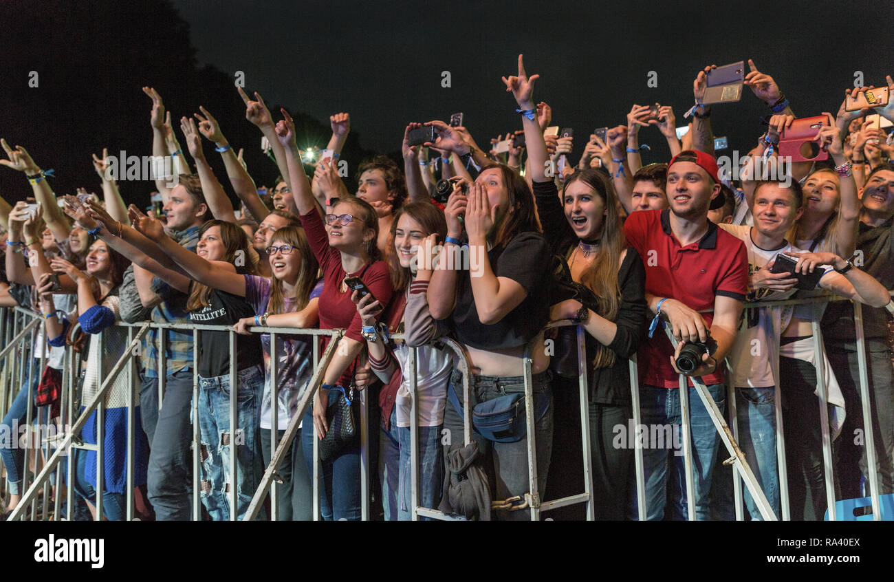 KIEV, UKRAINE - JULY 04, 2018: Fans crowd enjoy live heavy metal ...