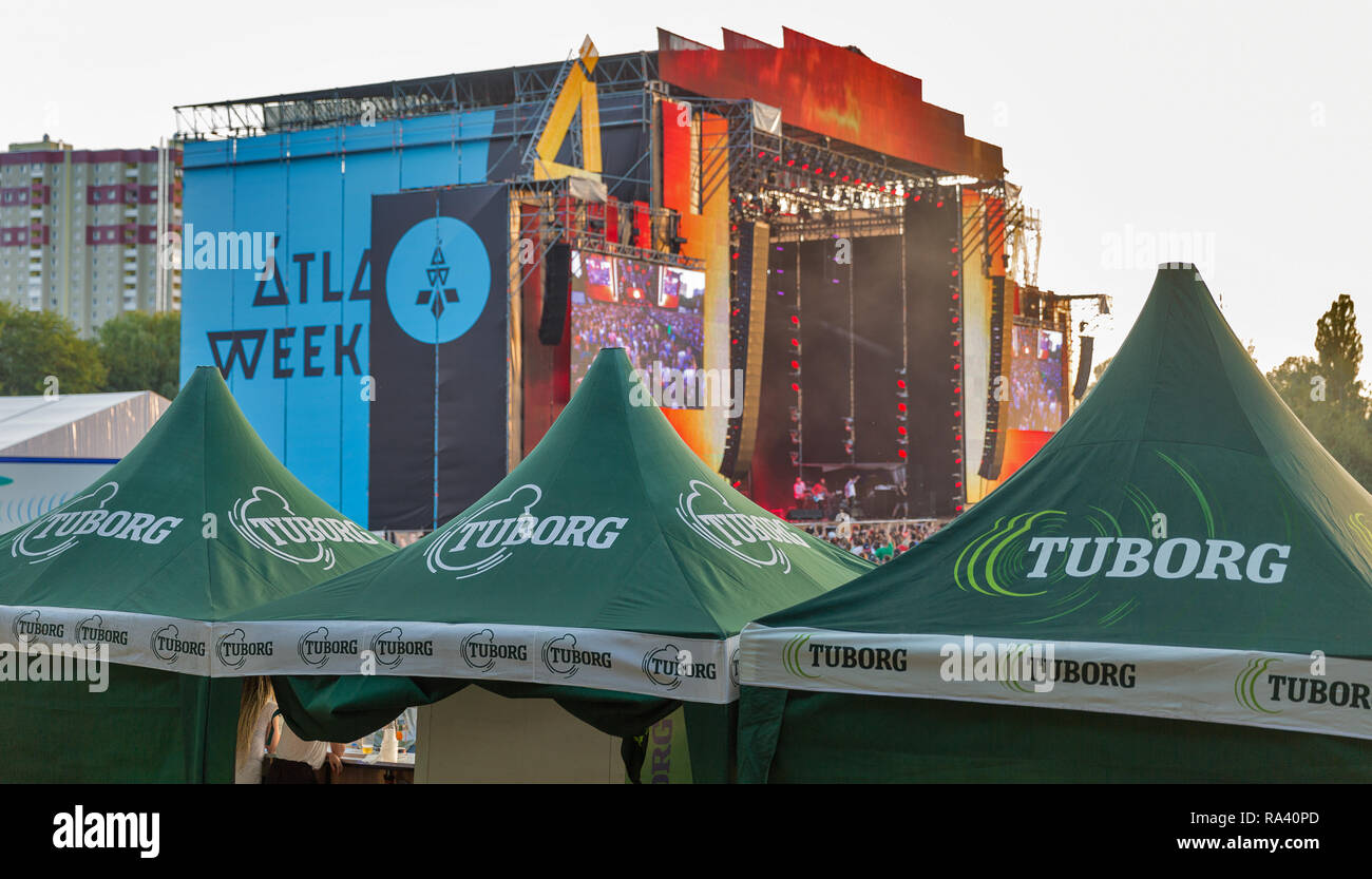 KIEV, UKRAINE - JULY 08, 2018: Tuborg beer outdoor bar at the Atlas ...