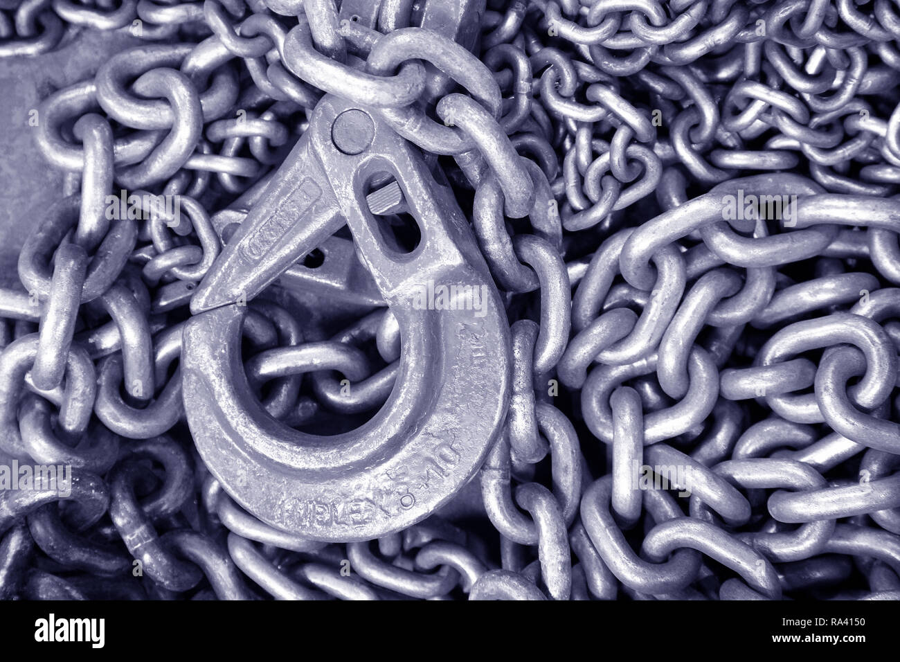 Industrial chains and hook.endless sling.strap cable Stock Photo - Alamy