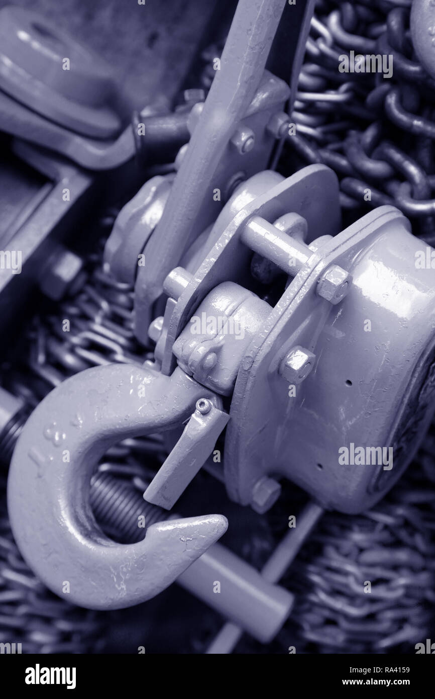 Industrial chains and hook.endless sling.strap cable Stock Photo - Alamy