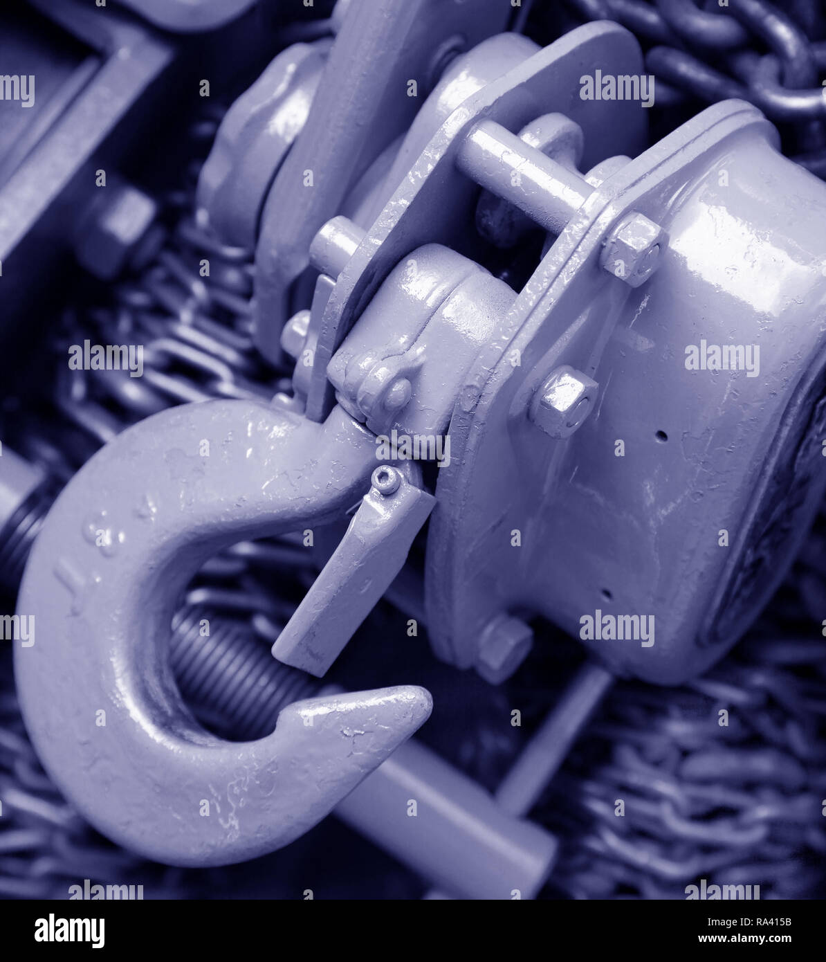 Industrial chains and hook.endless sling.strap cable Stock Photo - Alamy