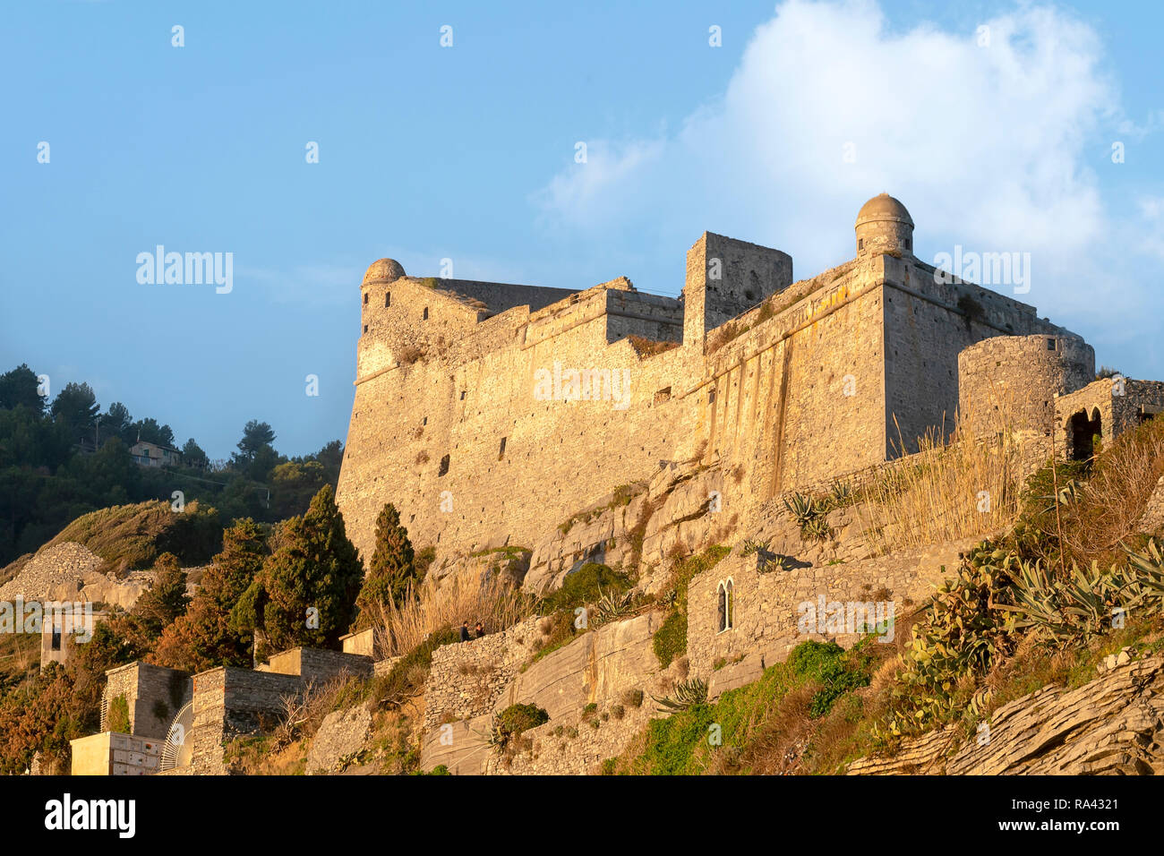 Doria Castle, Portovenere, Liguria, Italy. Lit by golden sunset light ...