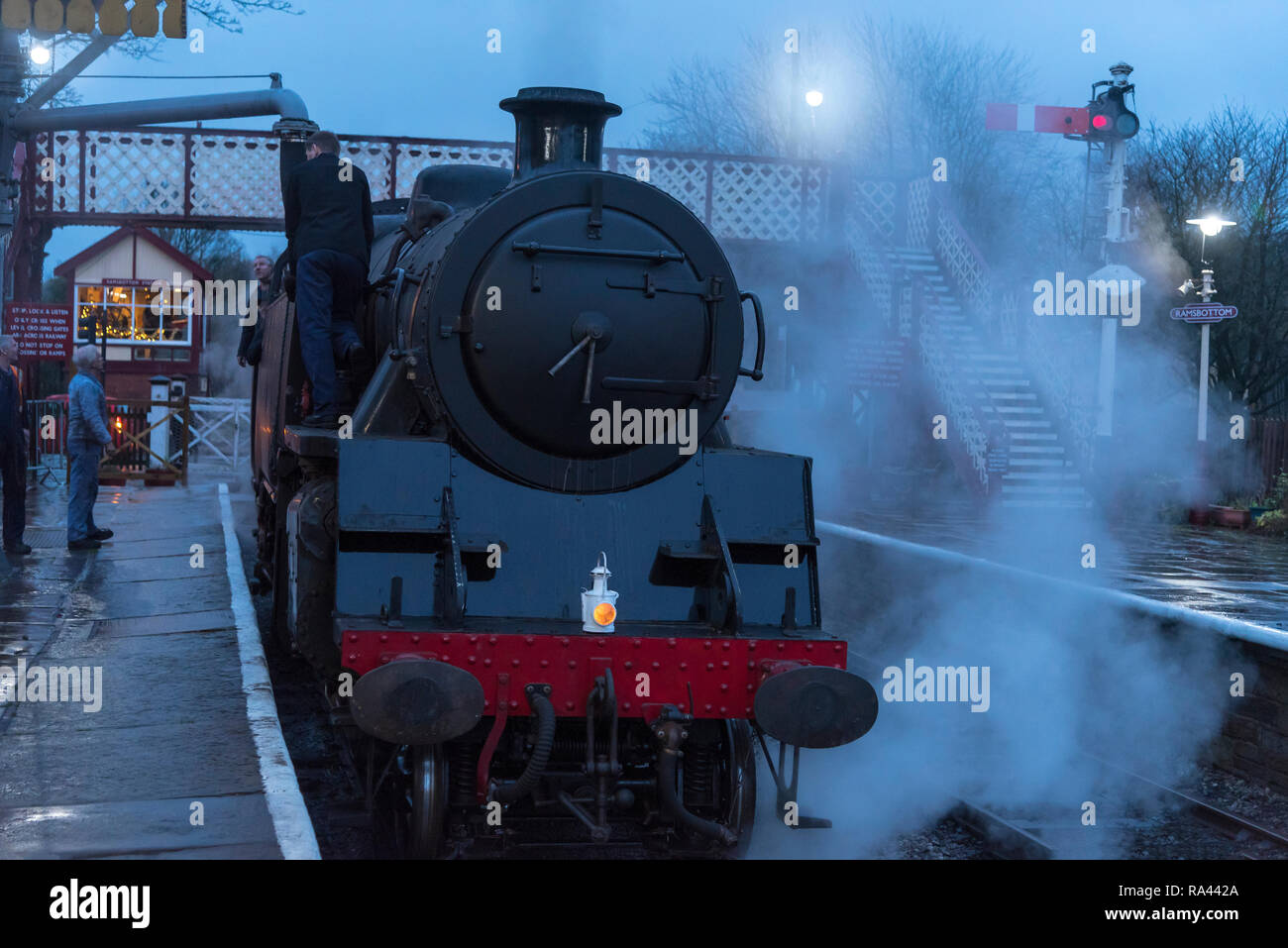 Heritage steam tank engine locomotive. Winter evening at Ramsbottom ...