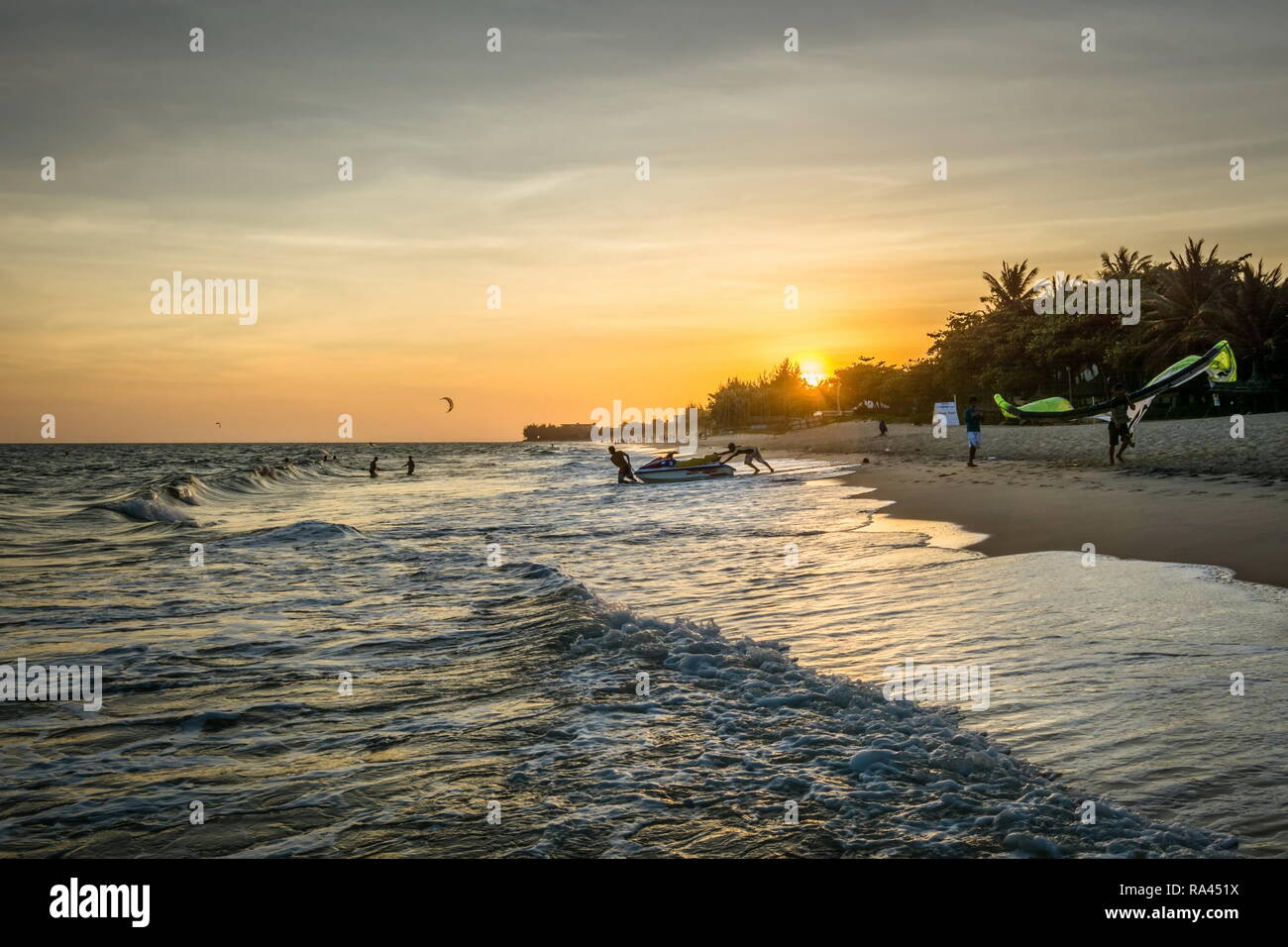 Mui Ne kitesurfing beach landscape at sunset. Kite destination in Phan ...