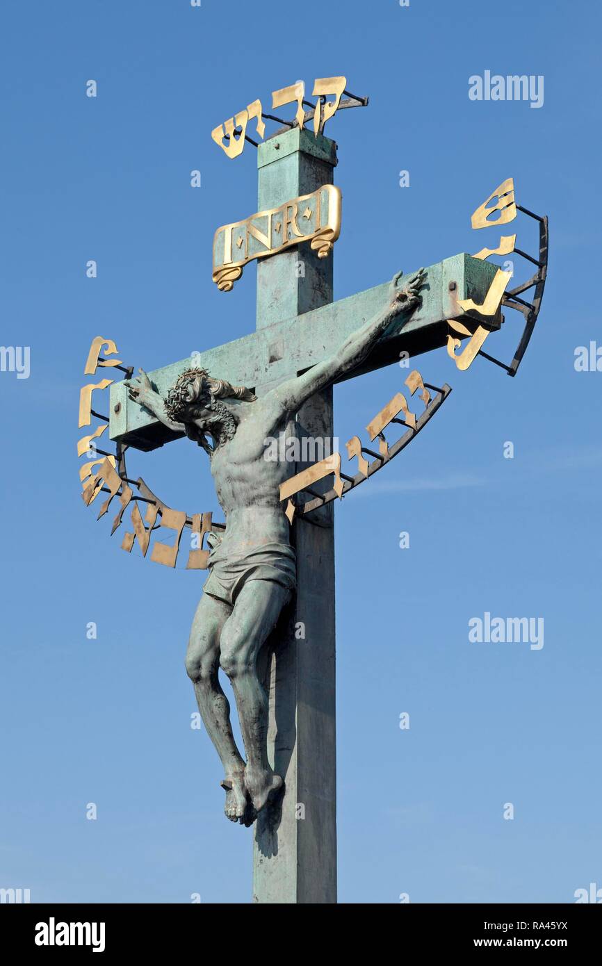 Crucifix with Hebrew script, Charles Bridge, Prague, Czech Republic ...