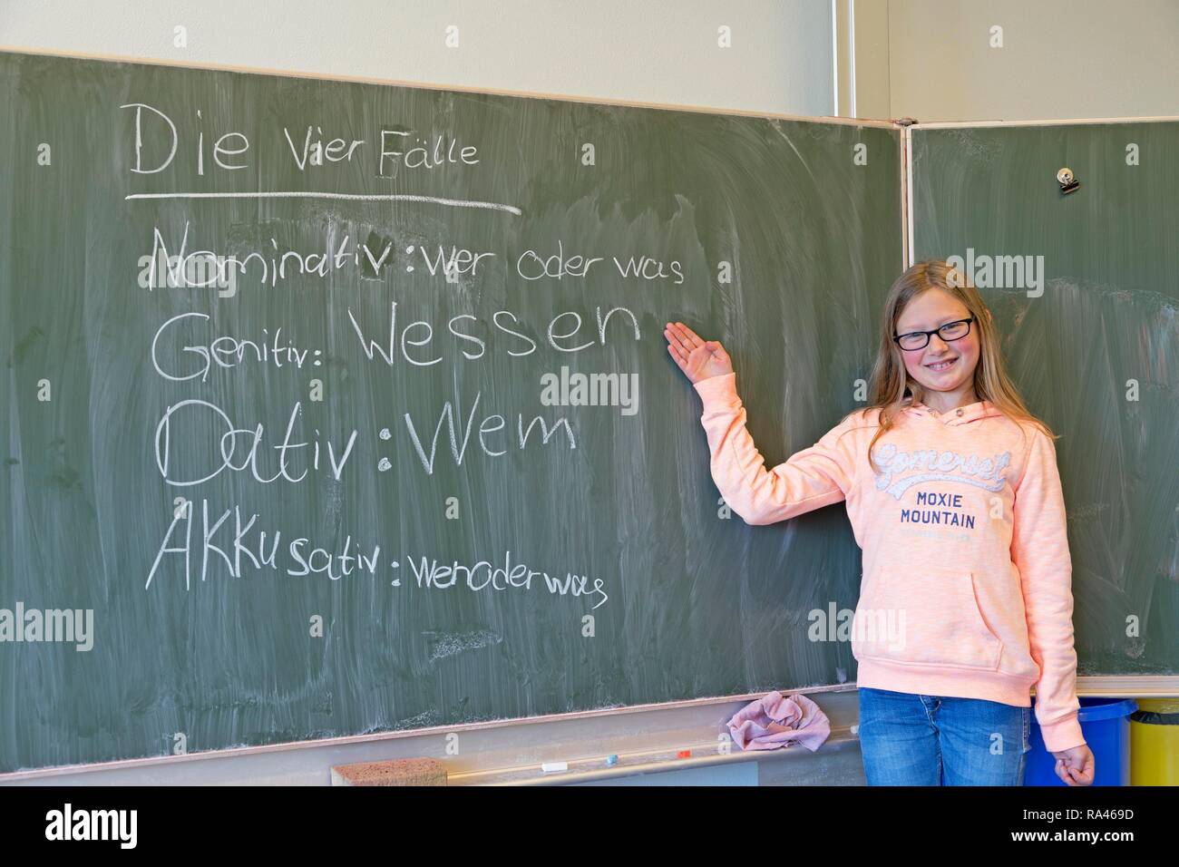 Girl at blackboard in German class, elementary school, Germany Stock ...