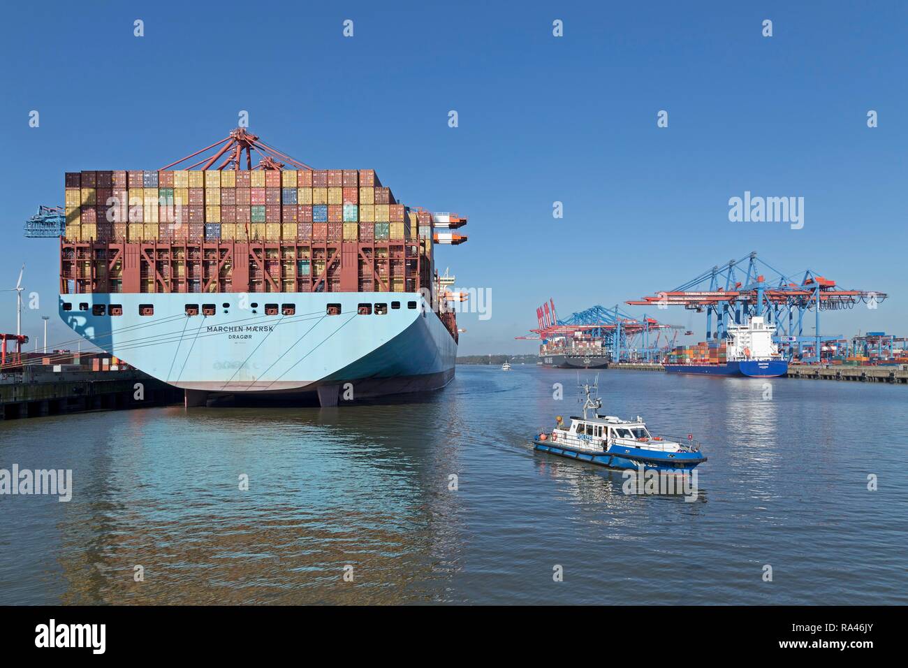 Cargo ship loaded in port, container terminals Eurogate and Burchardkai ...