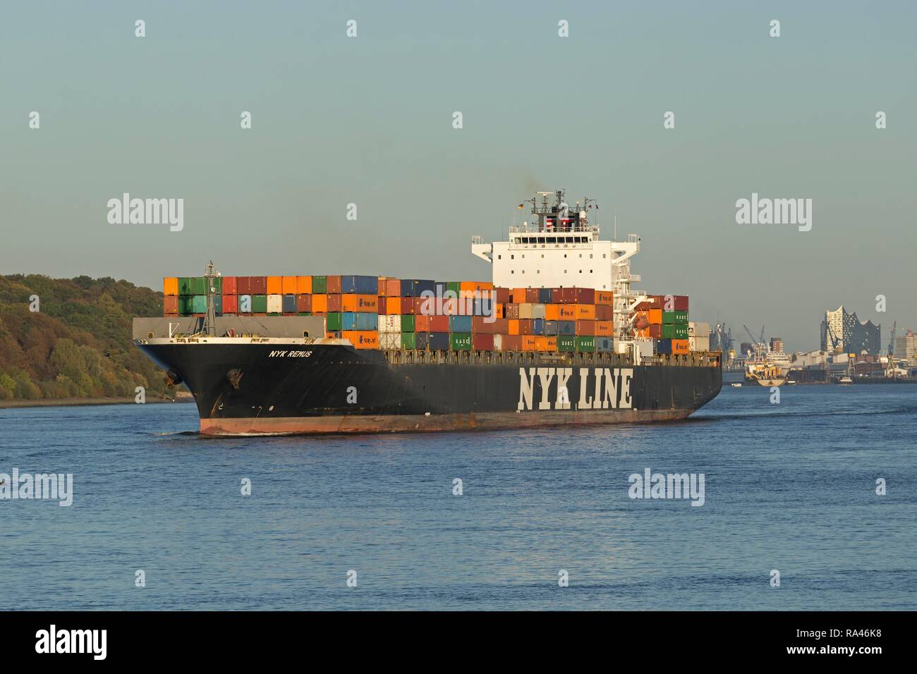 Container ship Nyk Line on Elbe river, Finkenwerder, Hamburg, Germany ...