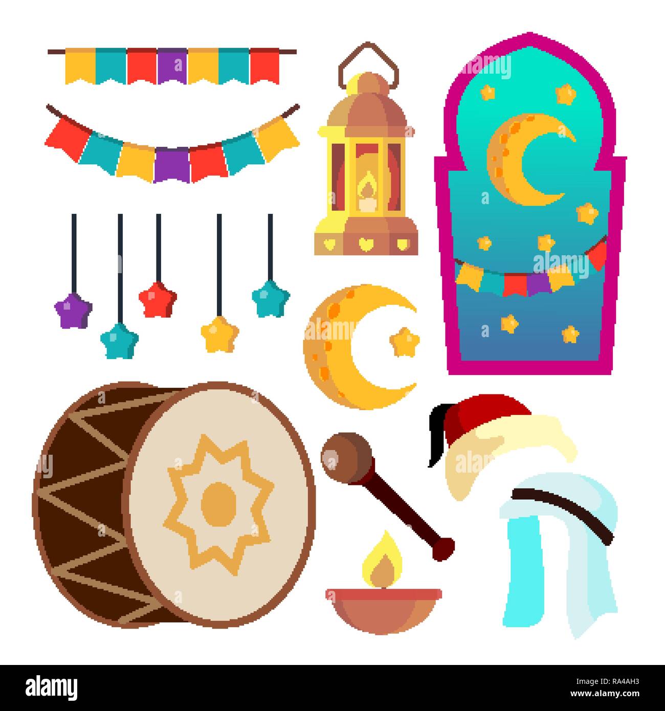 Ramadan Icons Vector. Muslim Islam Symbols. Moon, Star, Lamp. Isolated ...