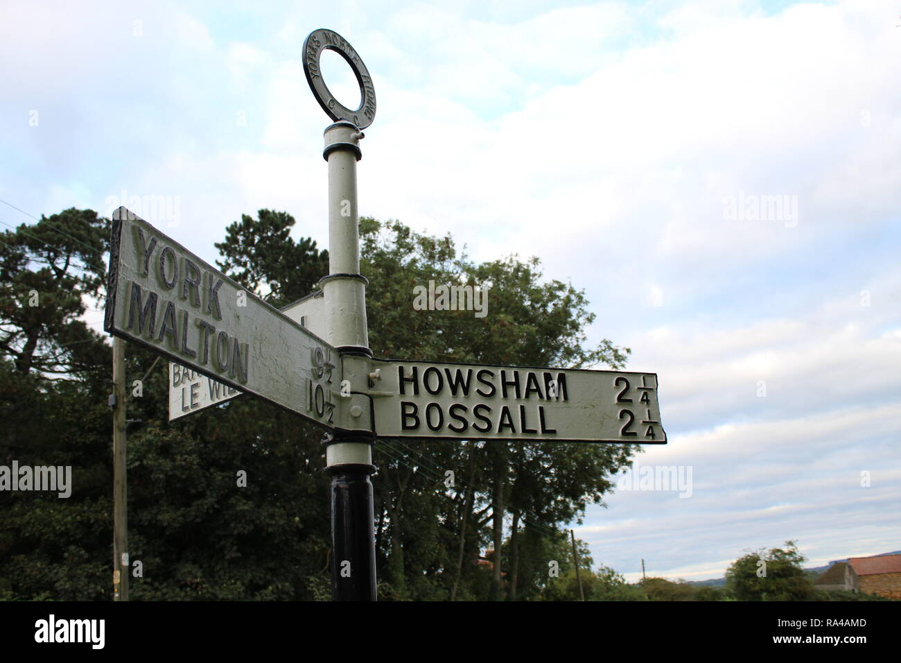 Finger post road sign showing distances to nearby towns in the ...