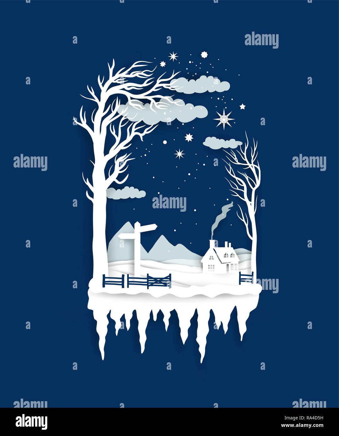Realistic paper cut snow landscape. Seasonal winter isolated background ...